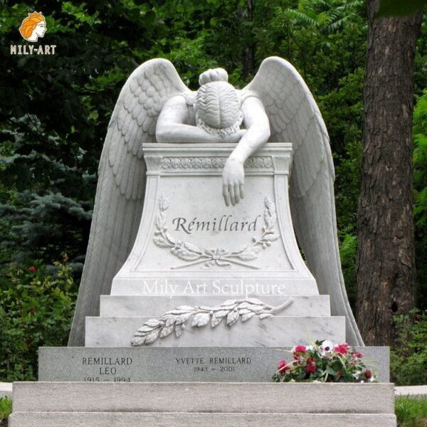 Hand Carved White Marble Headstone with Angel Wings