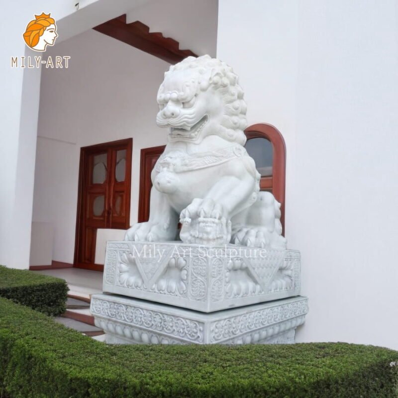 Hand Carved Marble Chinese Guardian Lions Statues - Mily Art