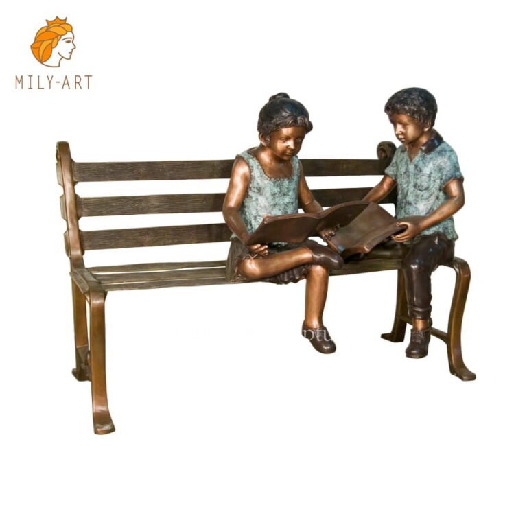Bronze Boy And Girl Sclupture Reading Books on Bench